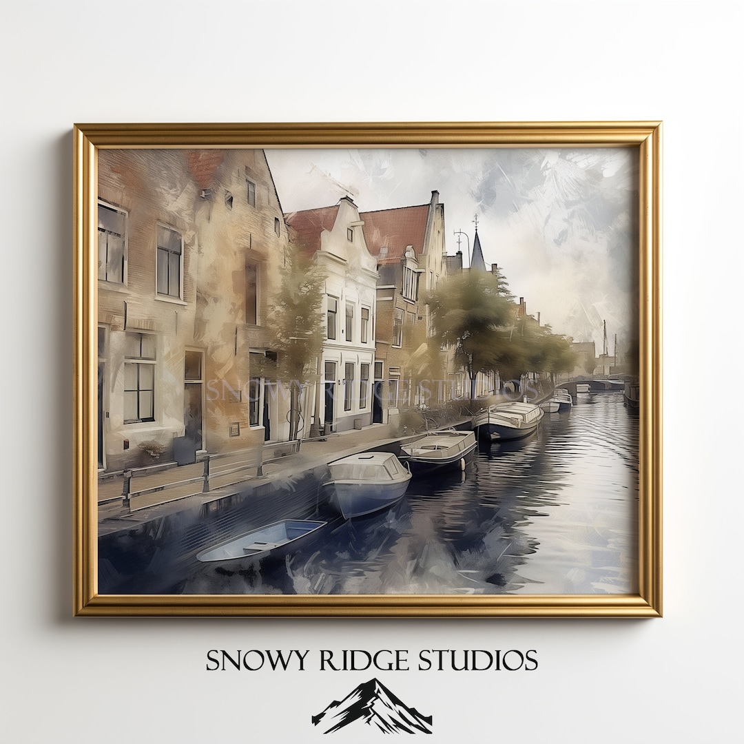 Dutch Seascapes. Painting of Houses on A Canal With Boats Docked on ...