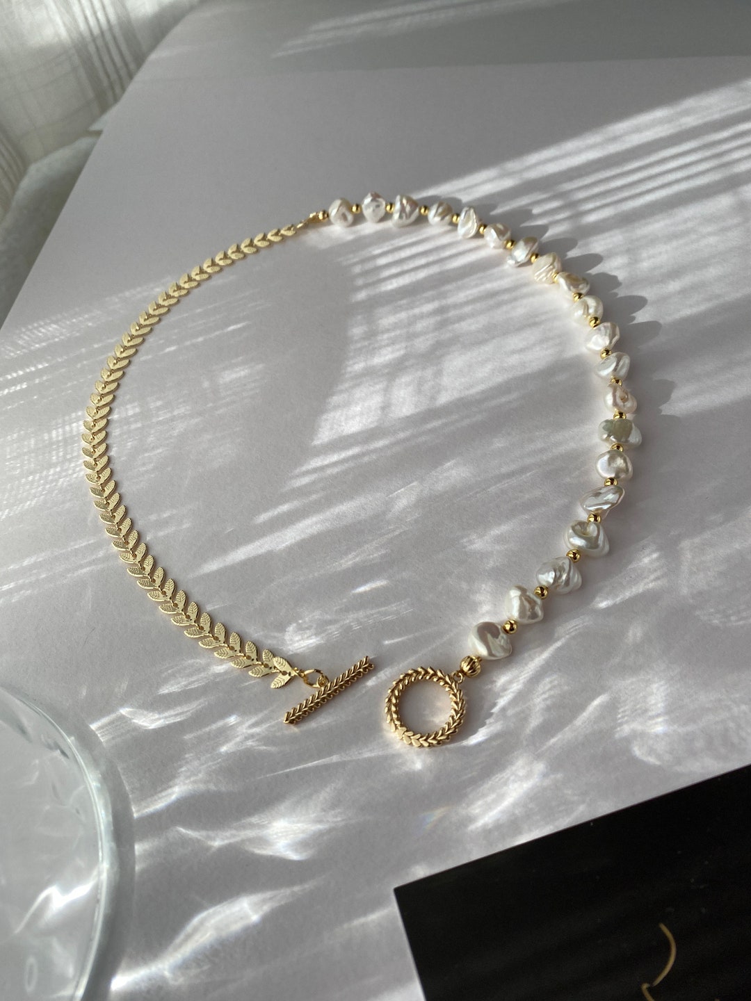 Half Pearl Half Chain Choker Pearl Choker Gold Toggle Necklace Wedding ...