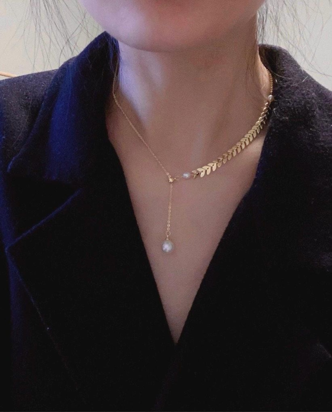 Leaf Chain Pearl Necklace, Freshwater Pearl Y Necklace, Baroque Pearl ...