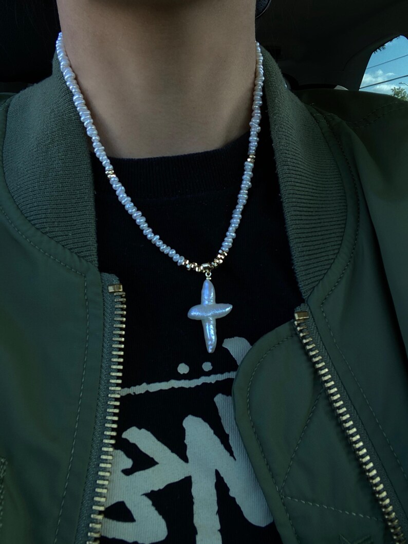 Cross Shaped Pearl Necklace Baroque Pearl Pendant Necklace Tiny Pearl ...