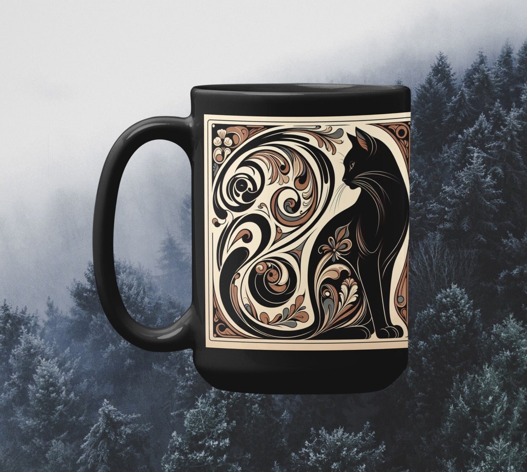 Black Cat Mug, Art Nouveau Mug, Cat Portrait, Cat Lover, Art Nouveau ...