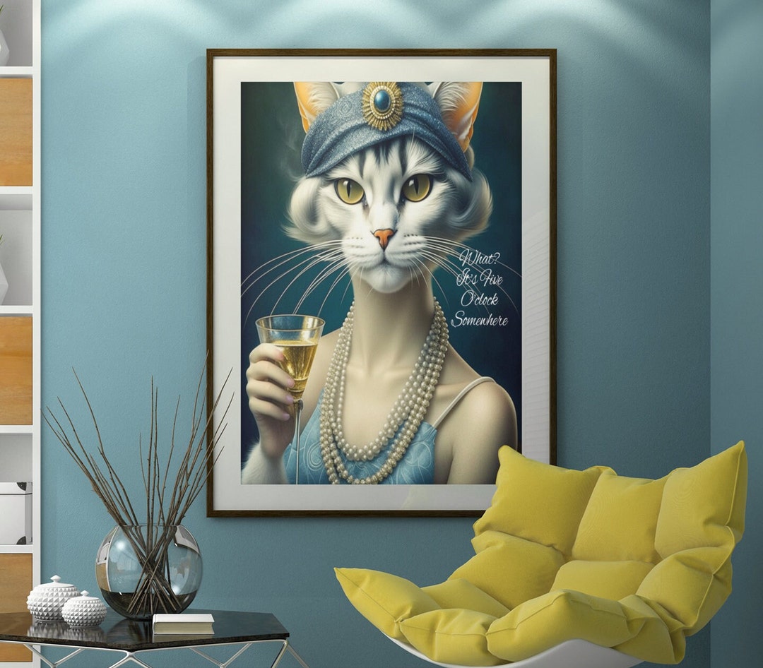 Cat Wall Art, Flapper Cat, Vintage Cat, Bar Wall Art, Cocktail Wall Art ...