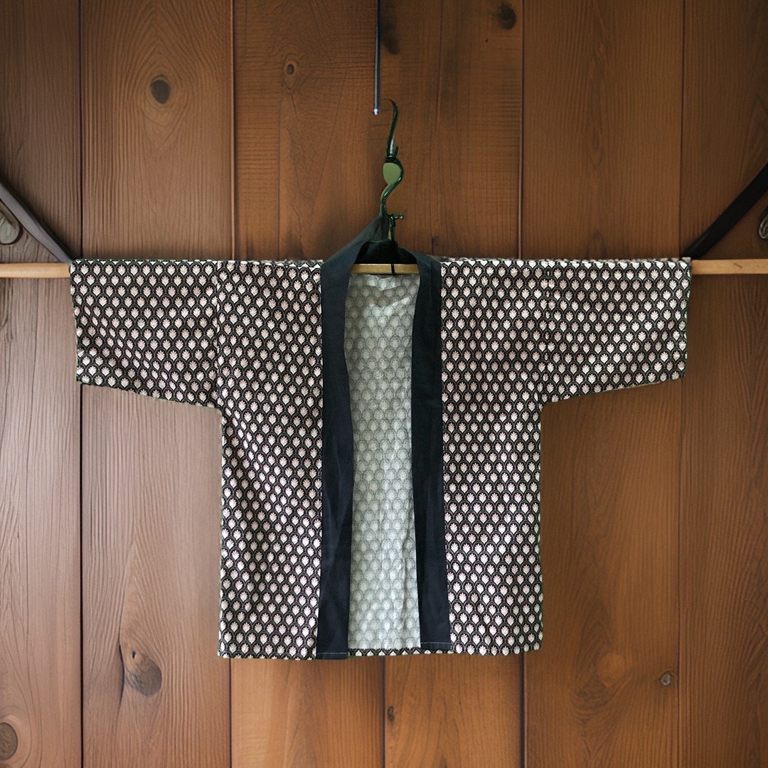 Kimono HAPPI COAT Haori Coat Lotus in Black, White and Pink Cotton ...