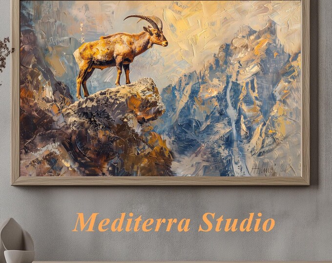 Vintage Oil Painting of a Majestic Ibex | Rustic Ibex Print | Italian ...