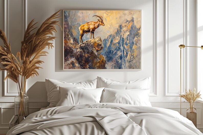 Vintage Oil Painting of a Majestic Ibex | Rustic Ibex Print | Italian ...