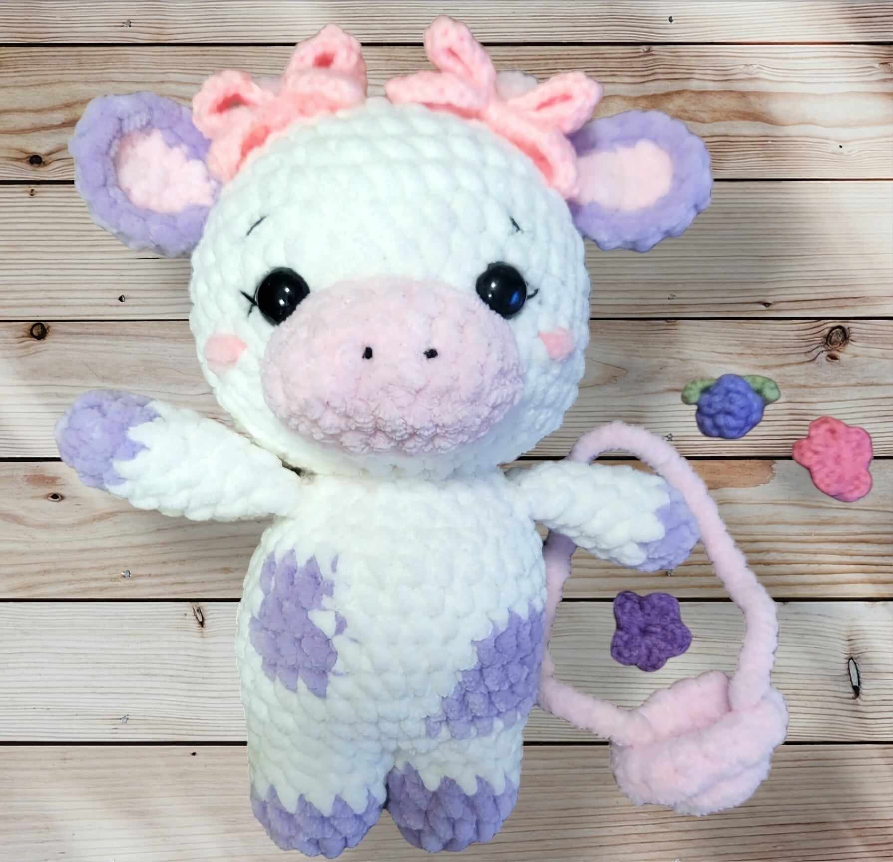 Crochet Pattern Little Moo With Flowers & Satchel Bag Cow Plushie ...