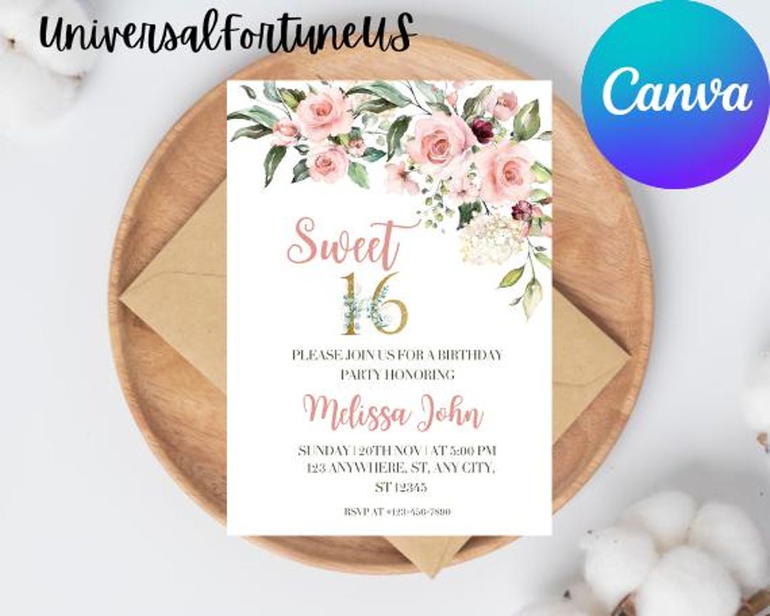 Editable Sweet Sixteen Invitation Printable Sweet 16 Invite Pink Floral ...