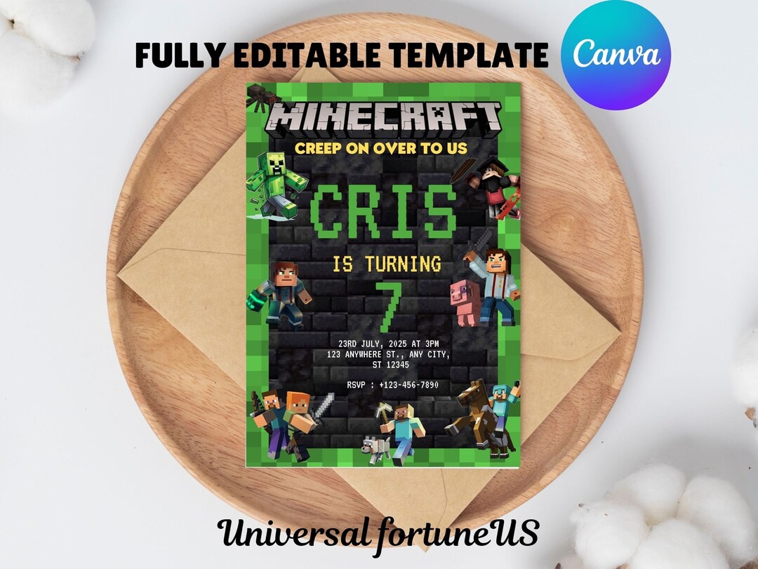Editable Minecraft Birthday Invitation, Minecrafter Birthday ...