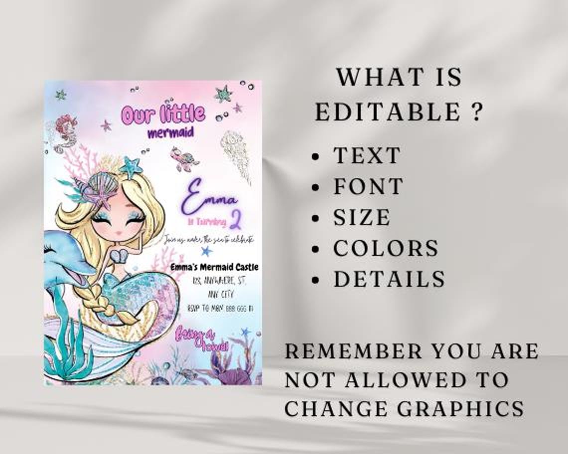 Editable Mermaid Birthday Invitation Template, Printable Under the Sea ...