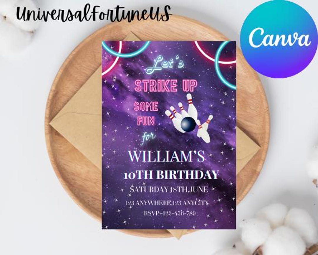 Bowling Birthday Party Invitation Template Editable White Neon Light ...