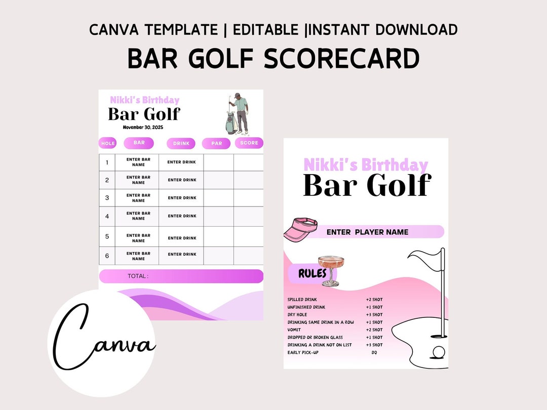 Bar Golf Scorecard: Editable Birthday Party Canva Template (digital ...