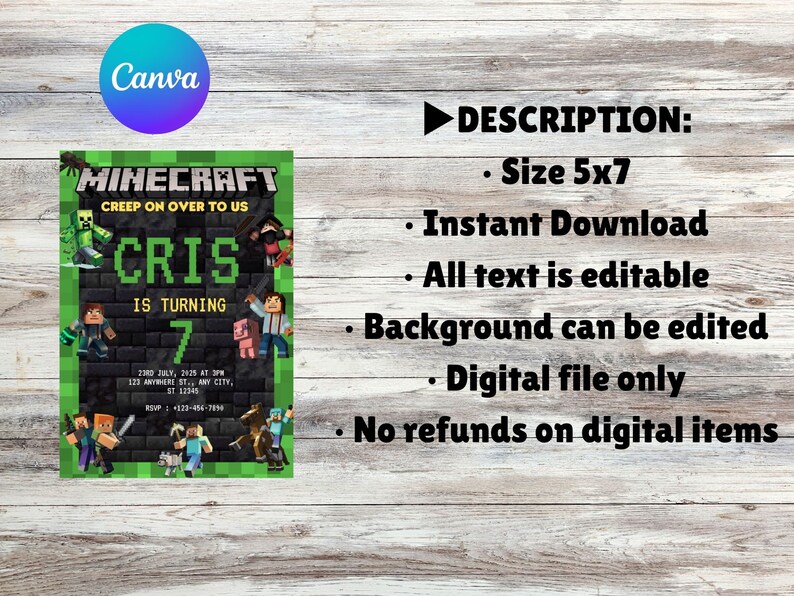 Editable Minecraft Birthday Invitation, Minecrafter Birthday ...