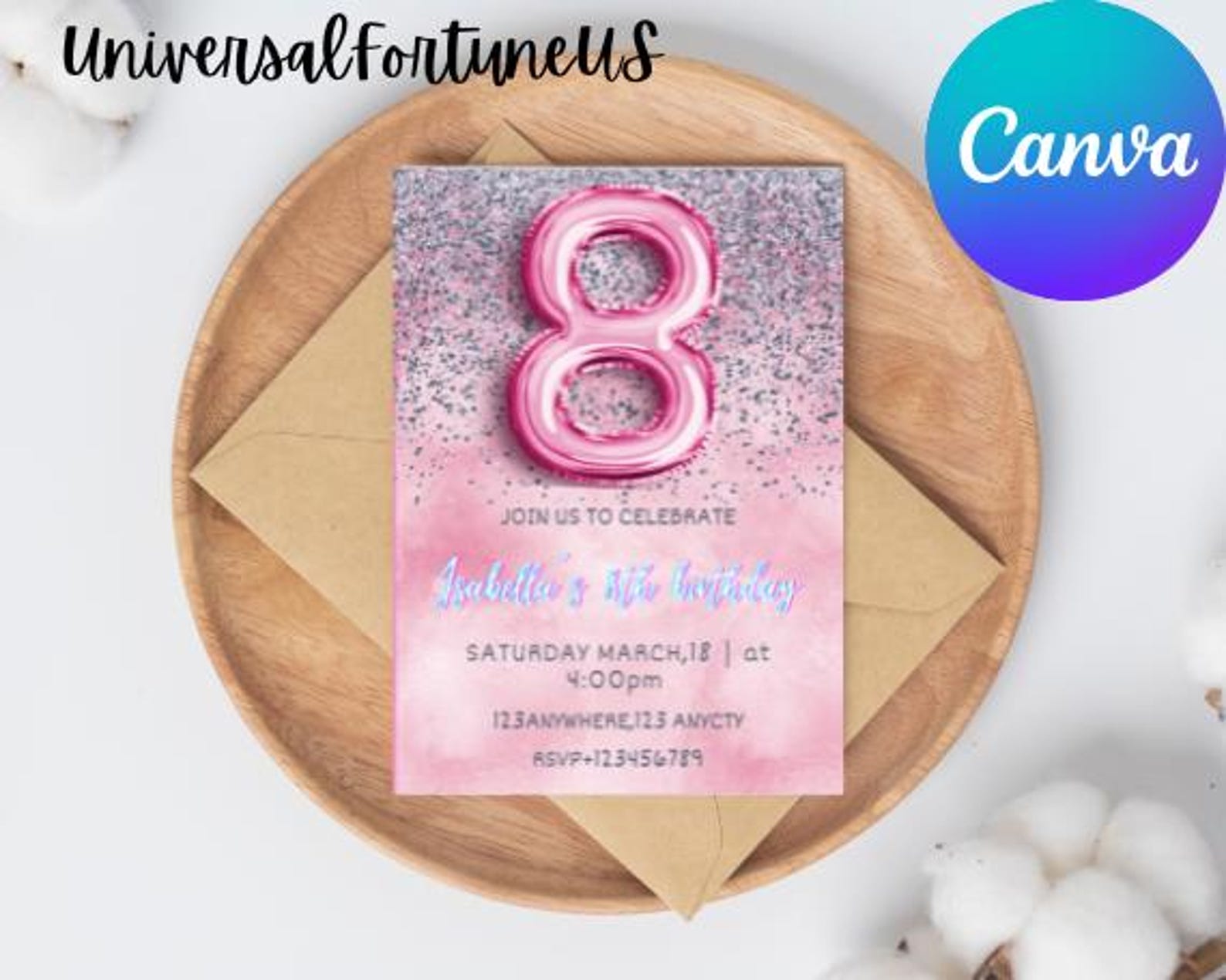 Editable 8th Birthday Invitation: Glitter Party (digital Download) - Etsy