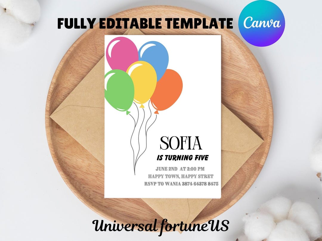 Watercolor Balloon Birthday Invitation Template: Editable Rainbow Party ...