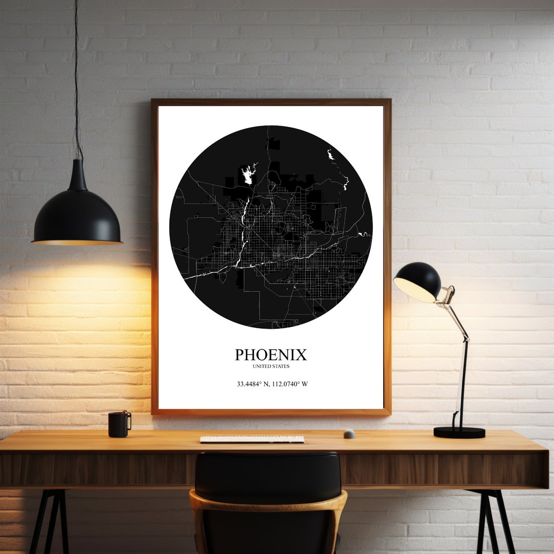 Phoenix Circular Map Poster - Minimalist Black & White Phoenix Wall Art ...