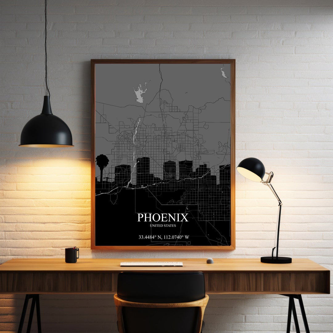 Phoenix Skyline Map Poster - Modern Wall Art, Black & White City Map ...