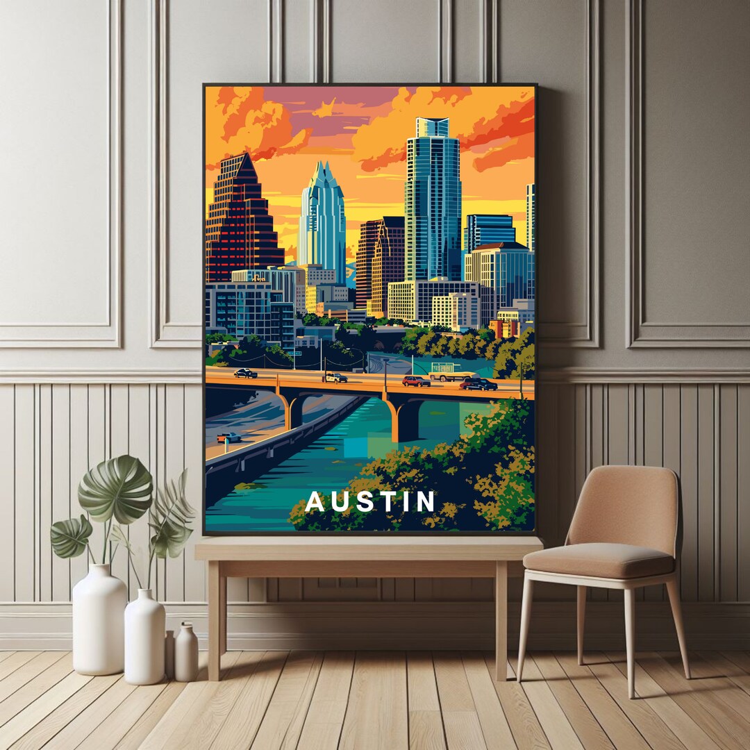 Austin Skyline Poster, Modern Austin Wall Art, Texas City Print, Sunset ...