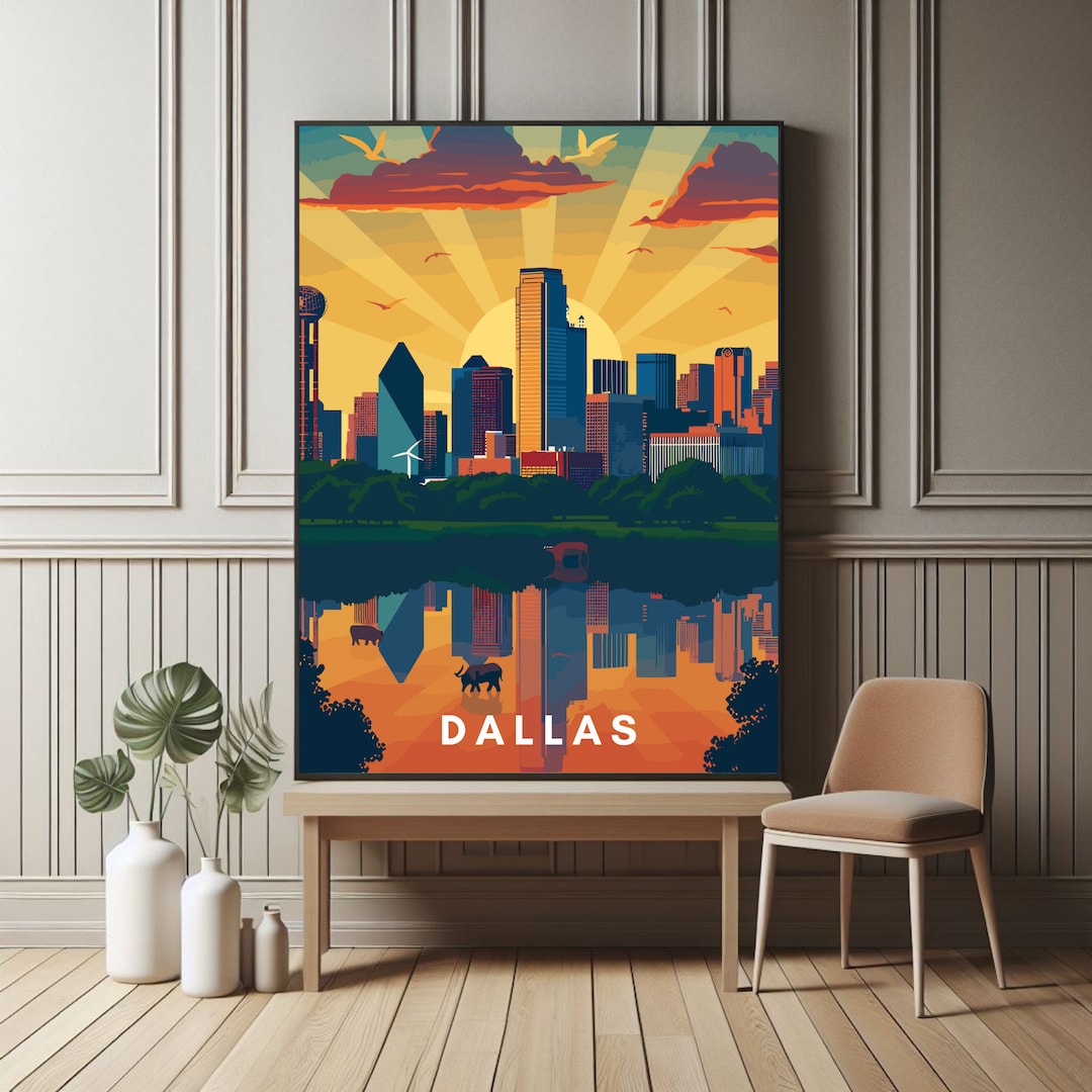 Dallas Skyline Poster, Modern Dallas Wall Art, Texas City Print, Sunset ...