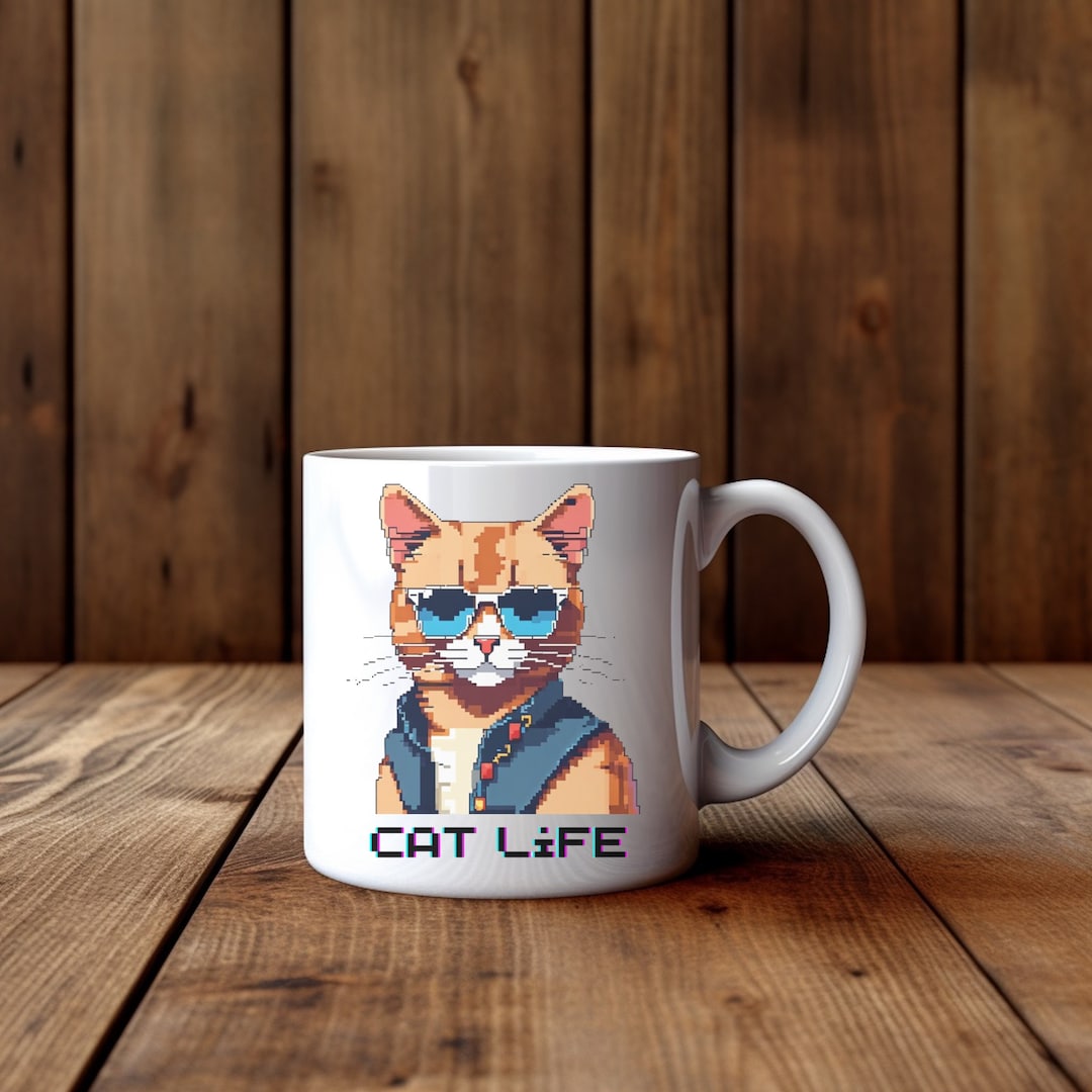 PIXEL ART CAT in Sunglasses Coffee Mug, Cute Cat Mug, Pet Mug, Cat Mug ...