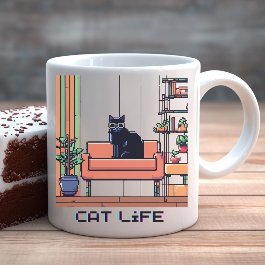 Black PIXEL ART CAT in Sunglasses Coffee Mug, Cute Cat Mug, Pet Mug ...