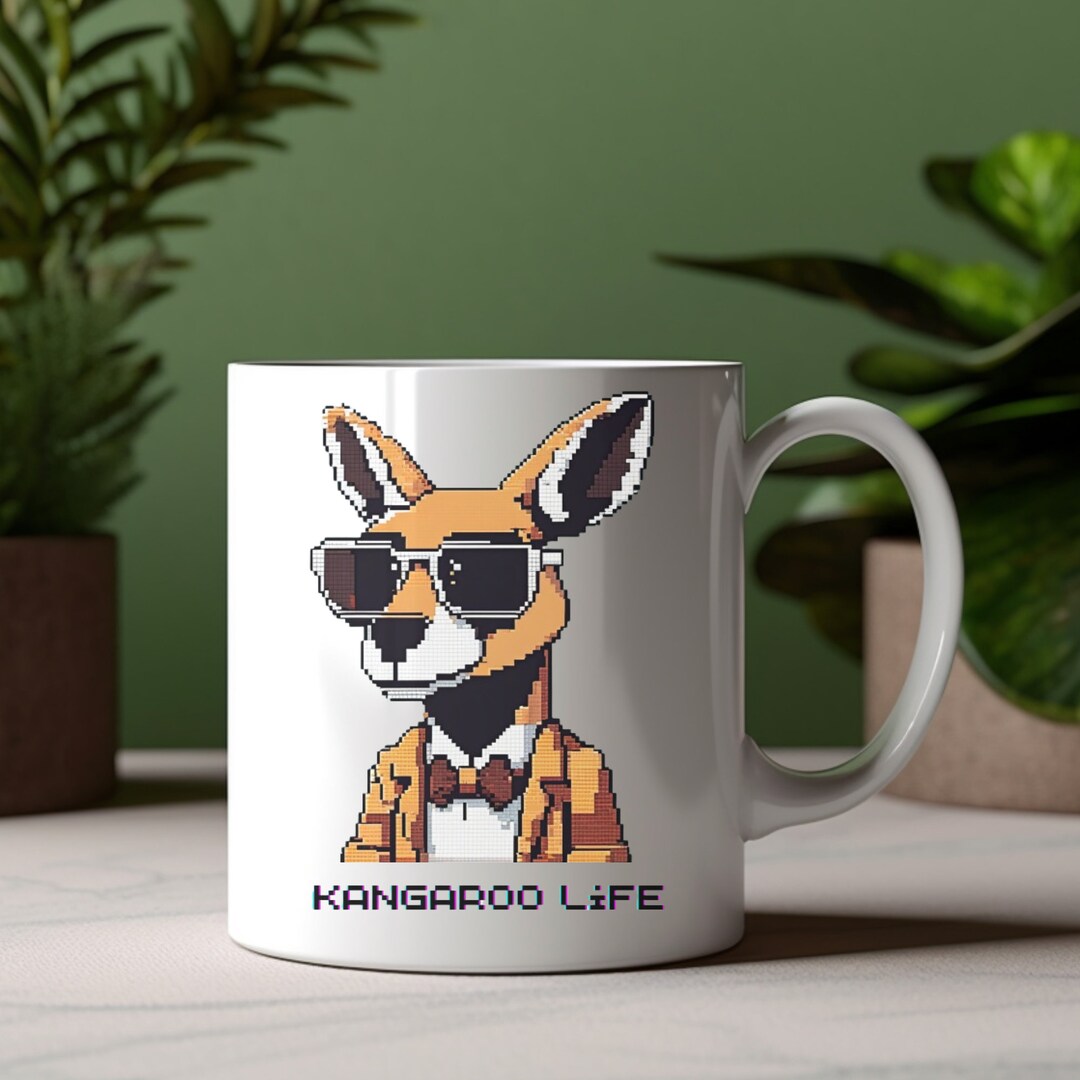 Kangaroo Coffee Mug, PIXEL ART Kangaroo Mug Wearing Sunglasses ...
