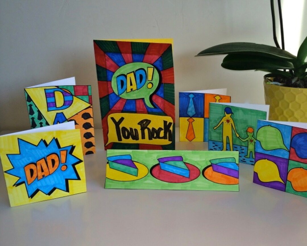 Printable Ready-to-color "pop Art" Father's Day Cards | Fun Fathe's Day ...