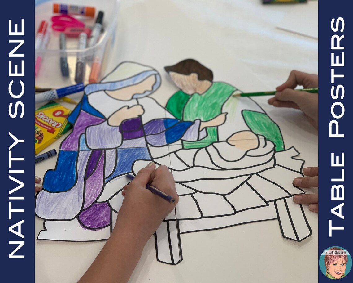 Printable "stained Glass" Nativity Scene XL Coloring Pages | Advent ...