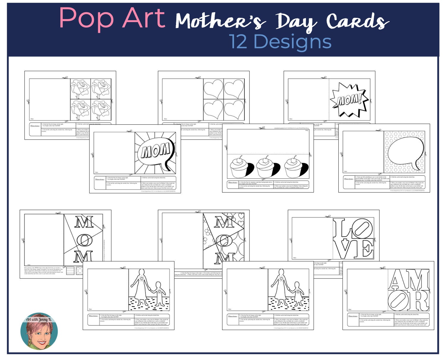 Printable Ready-to-color pop Art Mother's Day Cards Fun Mother's Day ...