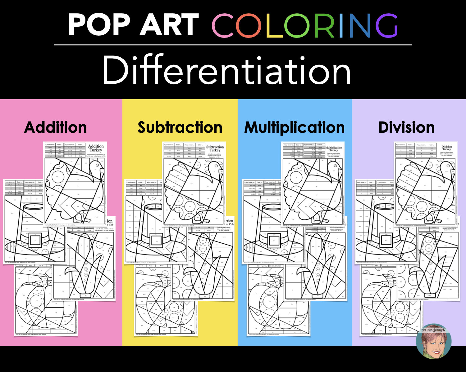 Thanksgiving Themed Color by Number Math Fact Review Coloring Pages ...
