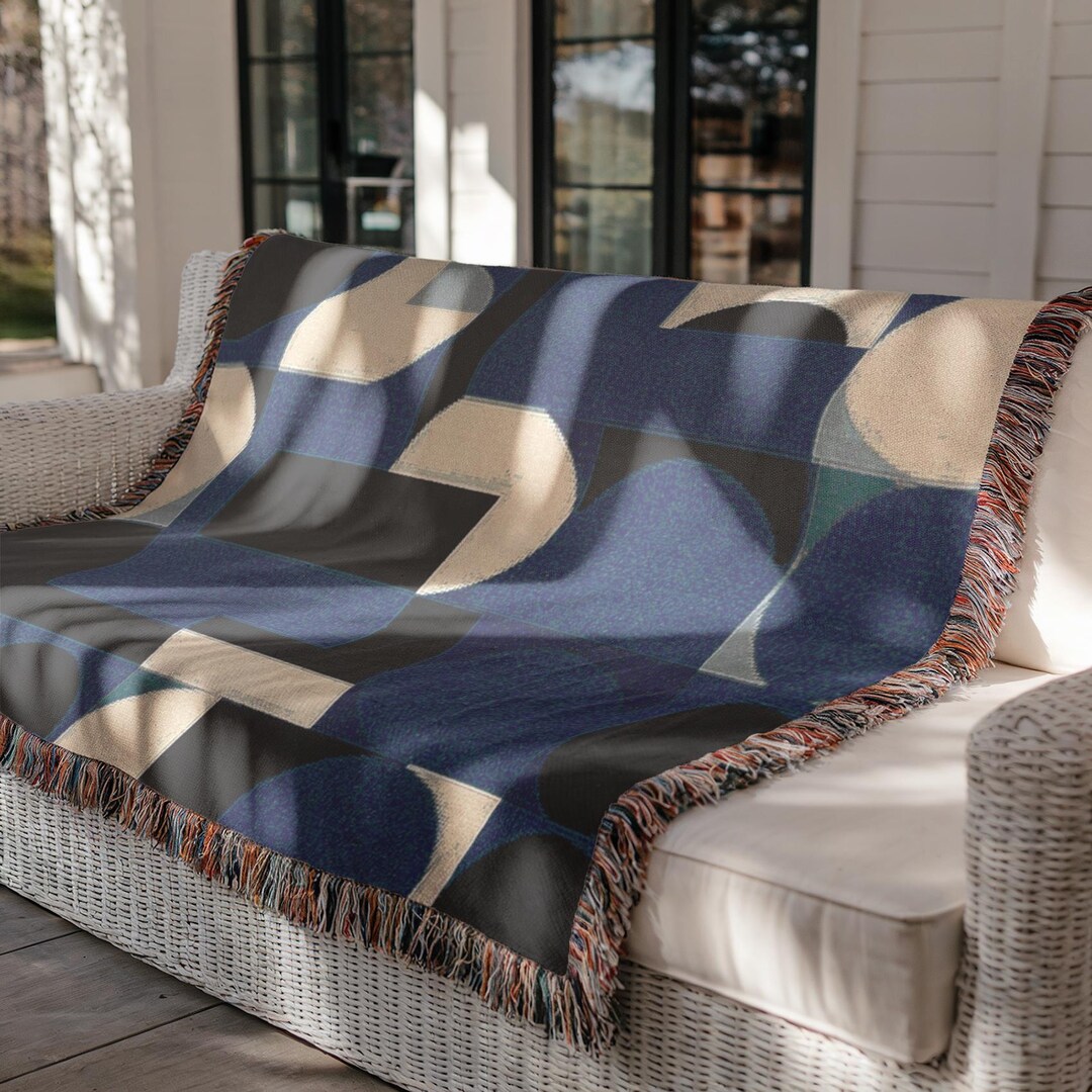 Blue Geometric Shapes Woven Blanket, Modern Abstract Throw, Winter Cozy ...