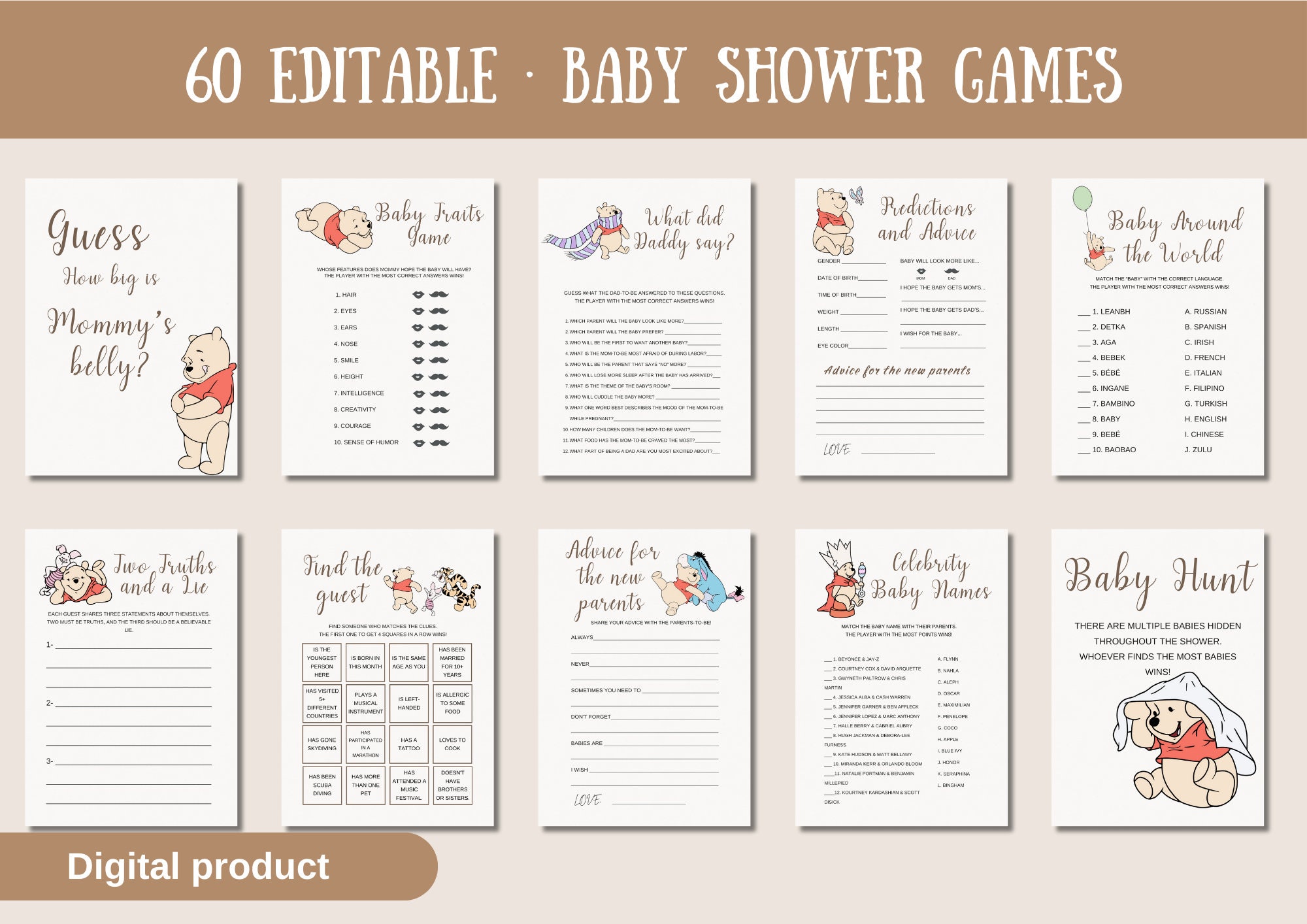 Editable Baby Shower Games Package, Winnie the Pooh Games Bundle ...