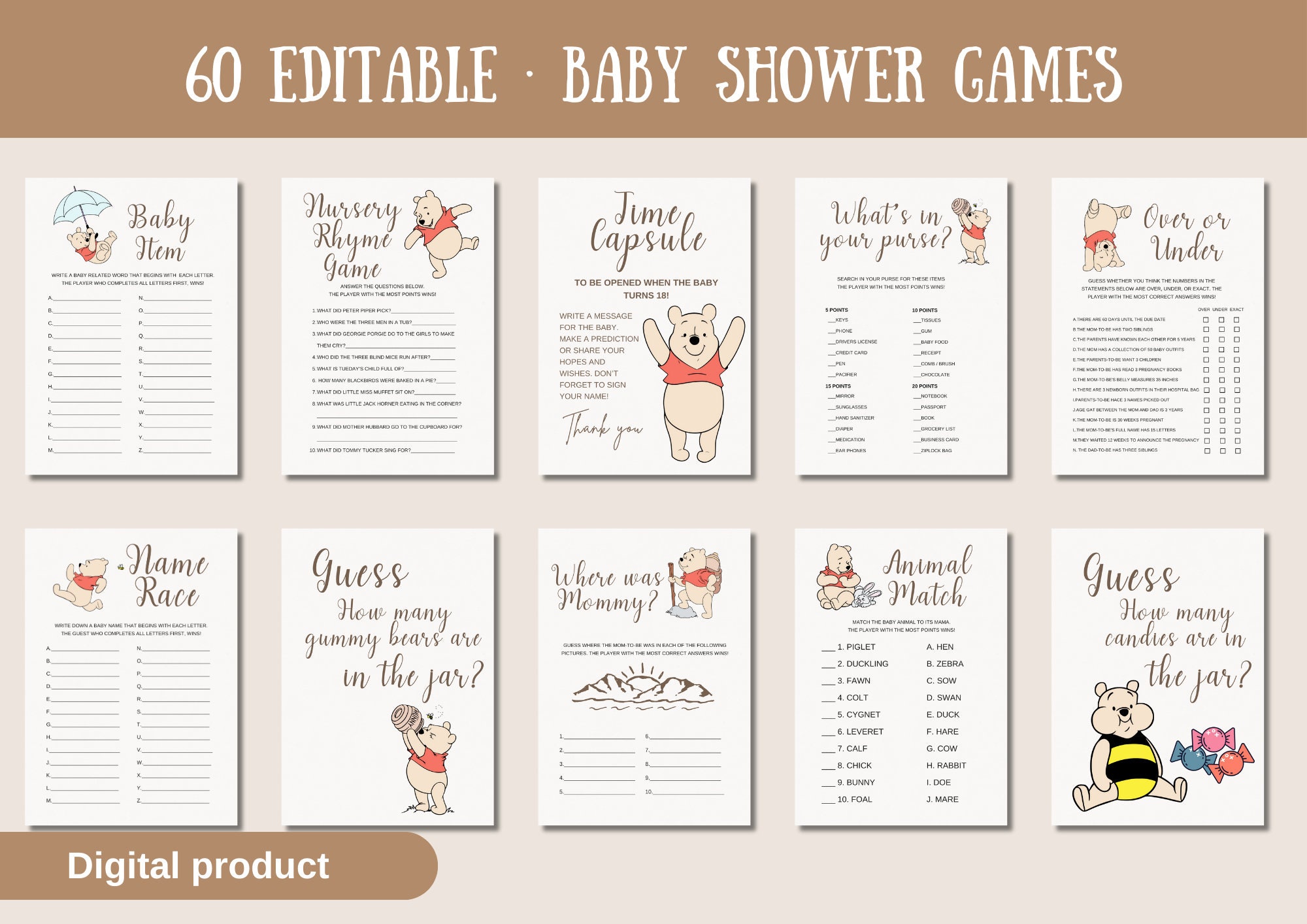 Editable Baby Shower Games Package, Winnie the Pooh Games Bundle ...