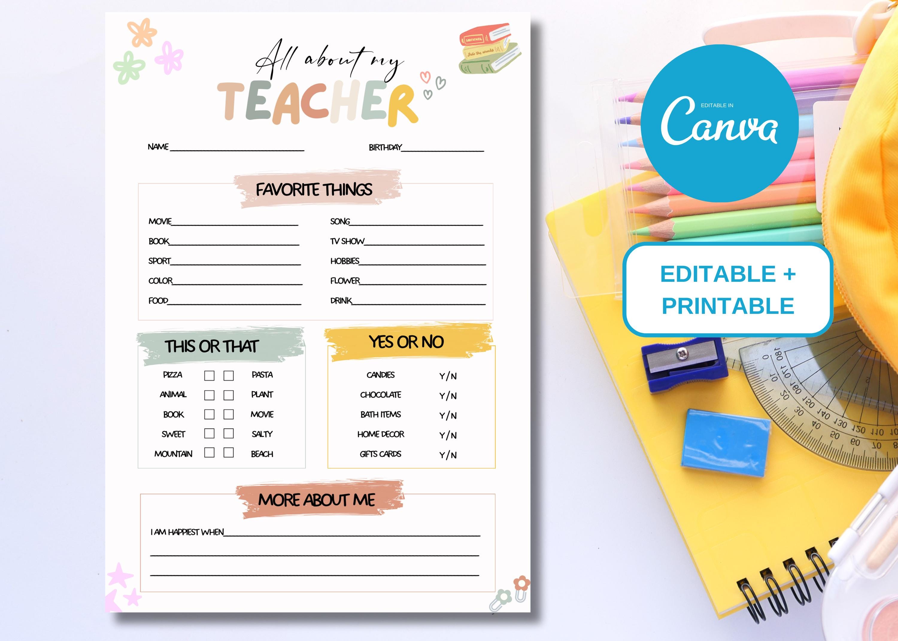 Meet the Teacher Template, Teachers Favorite Things Editable, All About ...