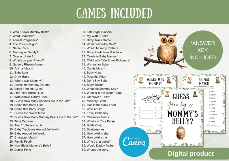 Editable Baby Shower Games Package, Forest Friends Games Bundle, Joyful ...