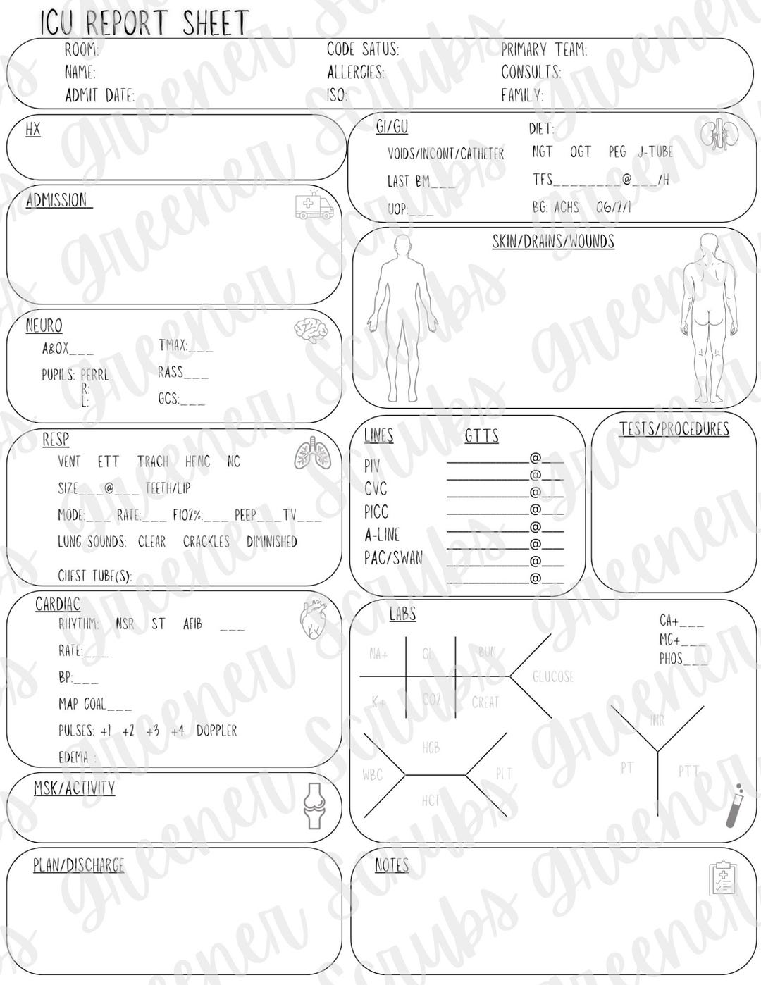 ICU Nurse Report Sheet | Intensive Care Flowsheet for Nurses | ICU ...