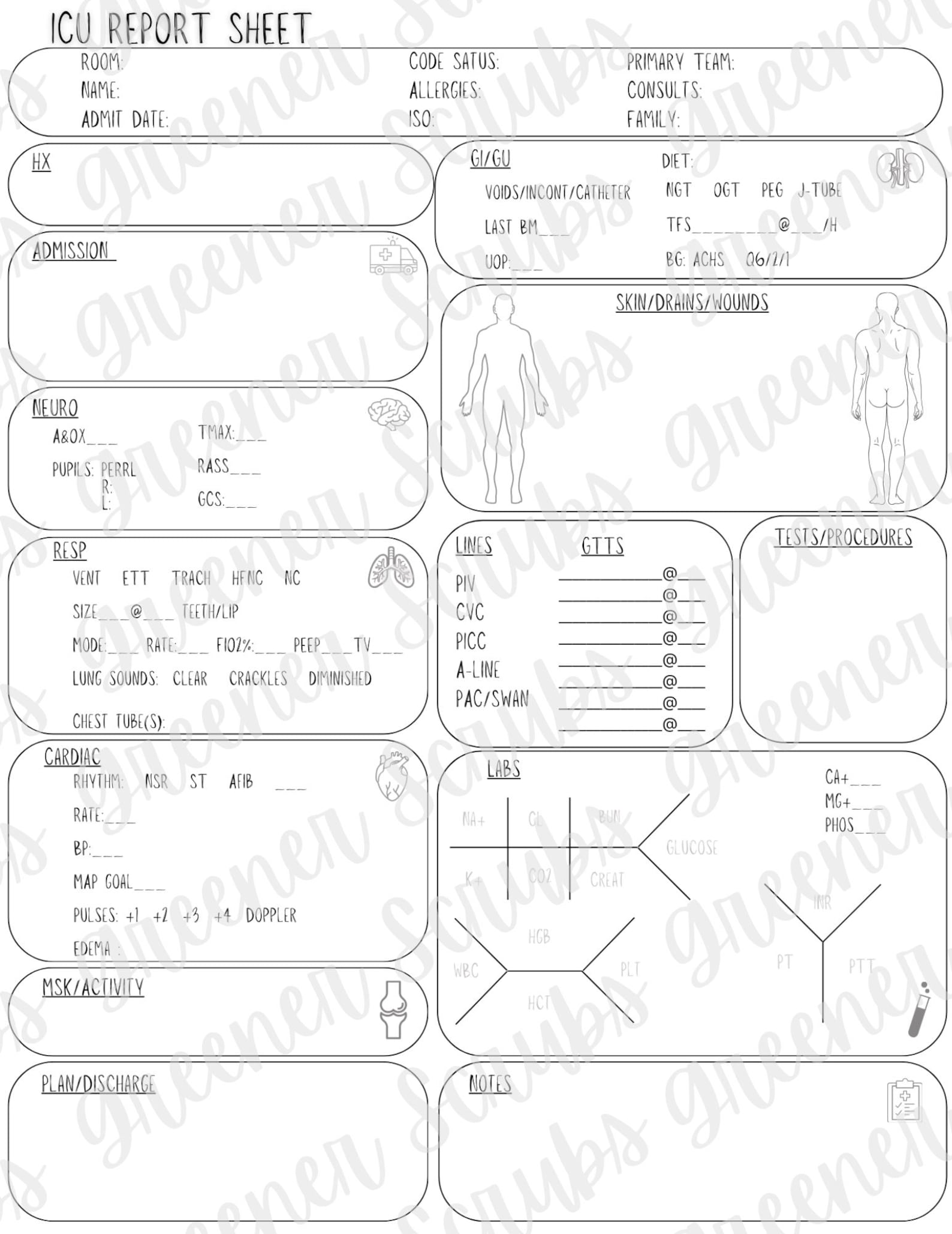 ICU Nurse Report Sheet | Intensive Care Flowsheet for Nurses | ICU ...