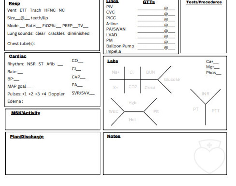 RN Cardiac ICU Report Sheet, Structured Report Sheet for Rns in Cardiac ...