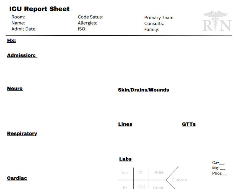RN ICU Report Sheet Critical Care Nurse Report Sheet - Etsy