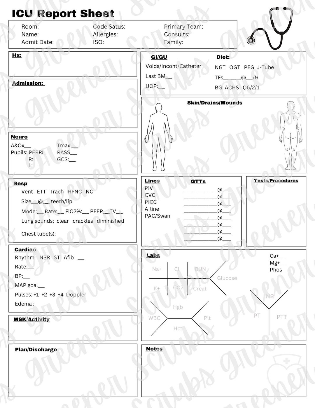 ICU RN Report Sheet | Intensive Care Report Sheet for Nurses | Digital ...