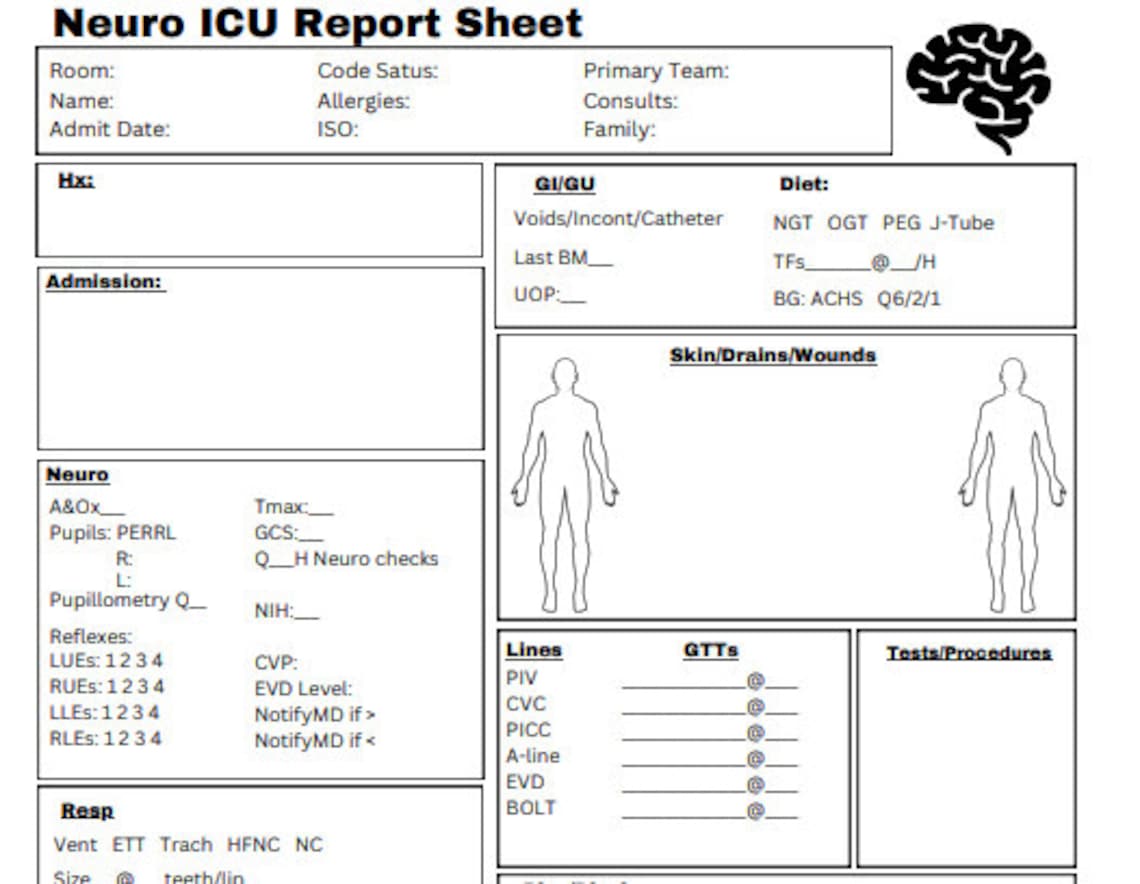 Neuro ICU RN Report Sheet | Neurological Critical Care ICU Report Sheet for Nurses | Digital ...