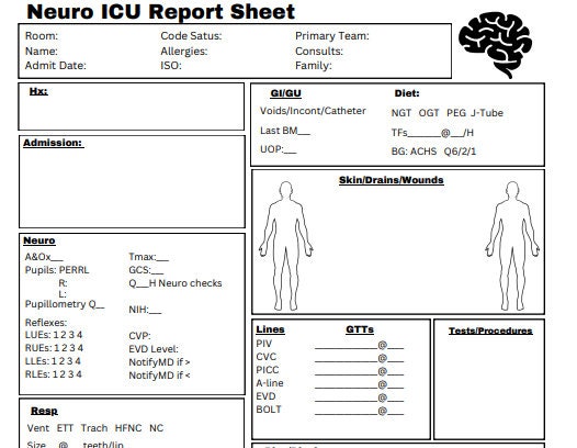 Neuro ICU RN Report Sheet | Neurological Critical Care ICU Report Sheet ...