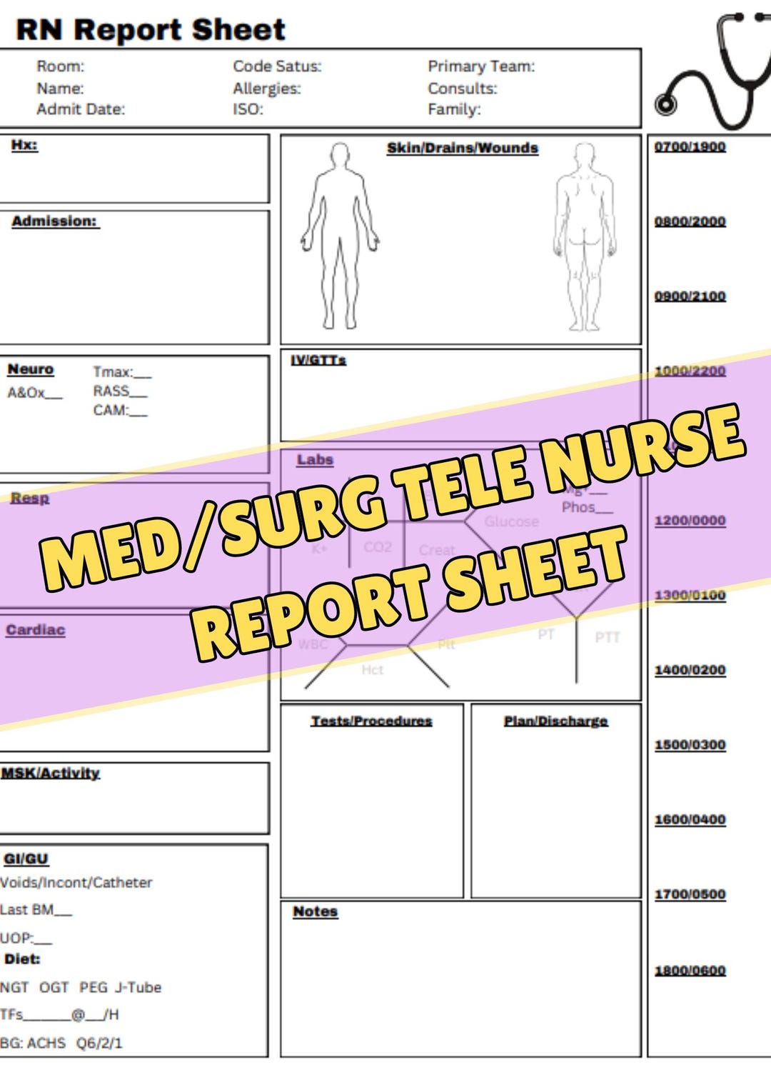 RN Report Sheet Med Surg/tele Report Sheet for Nurses Digital Download ...