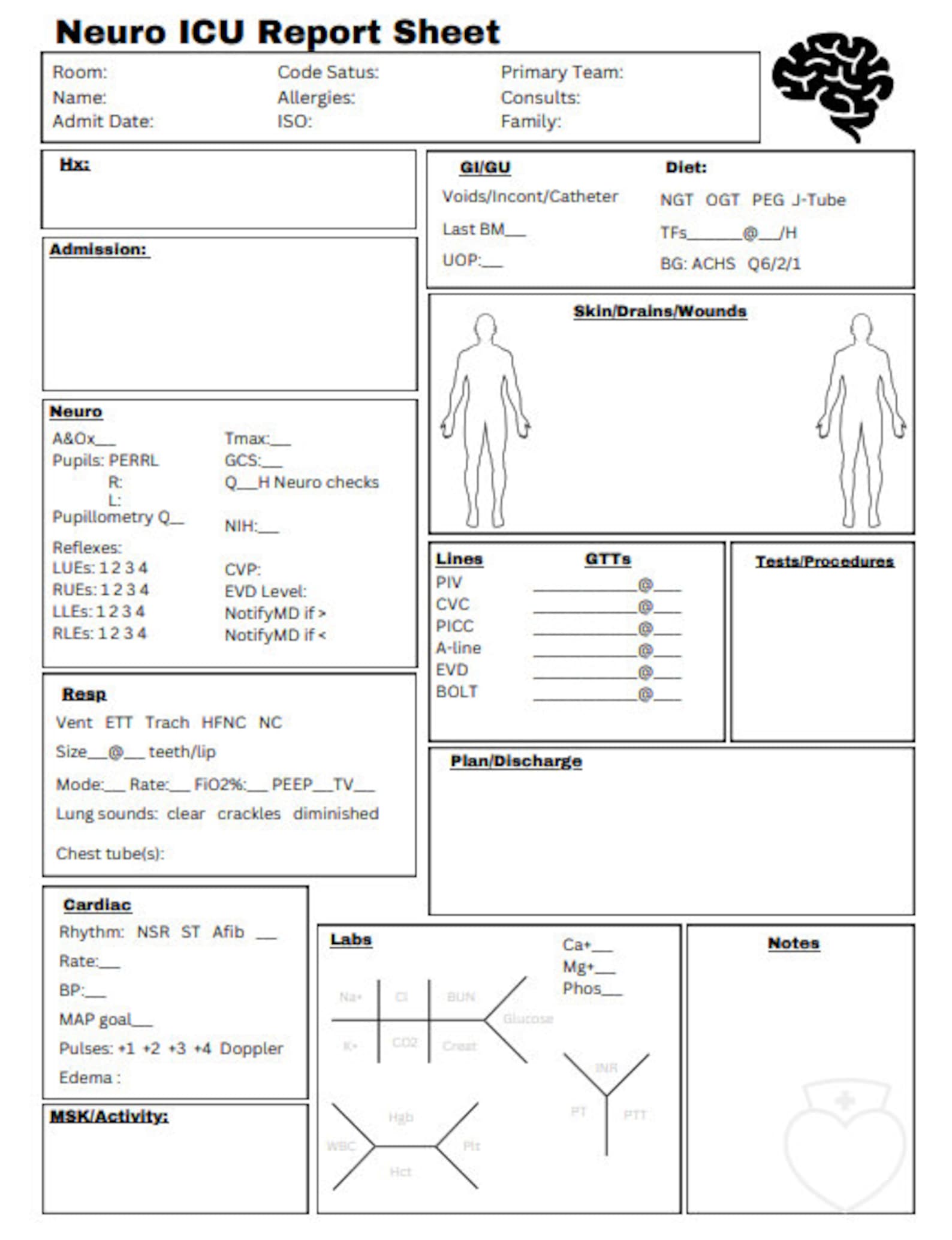 Neuro ICU RN Report Sheet | Neurological Critical Care ICU Report Sheet ...