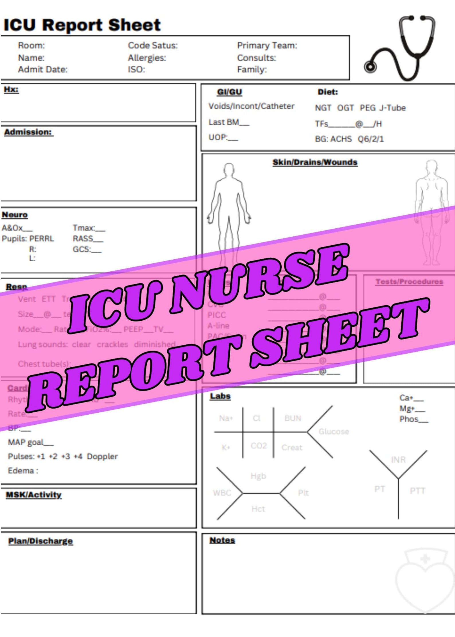 ICU RN Report Sheet Intensive Care Report Sheet for Nurses Digital ...
