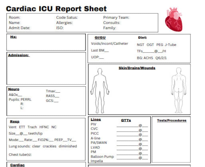 RN Cardiac ICU Report Sheet, Structured Report Sheet for Rns in Cardiac ...