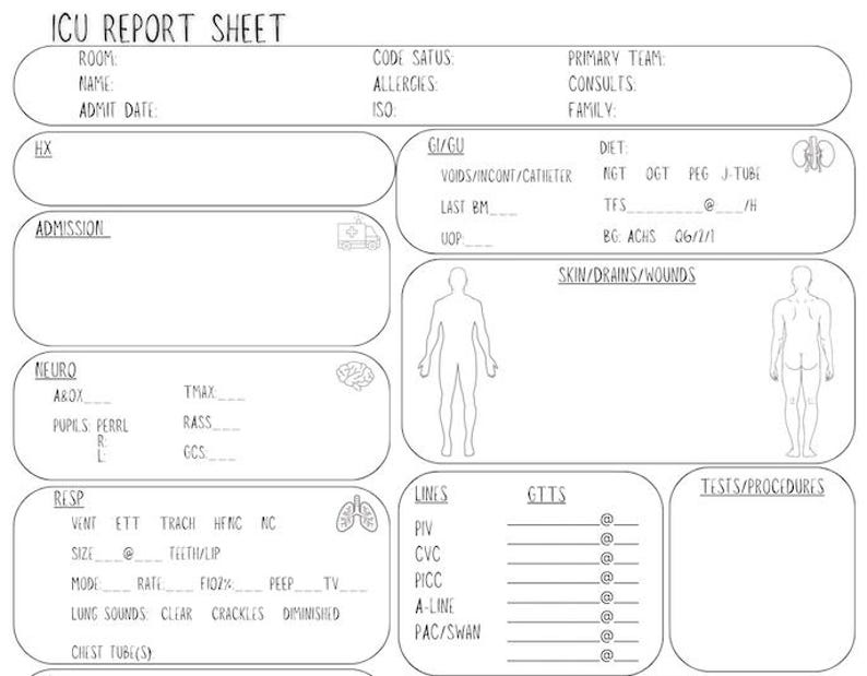 ICU Nurse Report Sheet | Intensive Care Flowsheet for Nurses | ICU ...