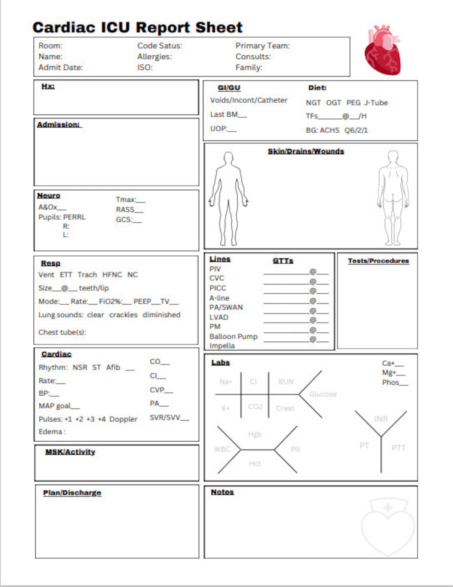 RN Cardiac ICU Report Sheet, Structured Report Sheet for Rns in Cardiac ICU Management - Etsy