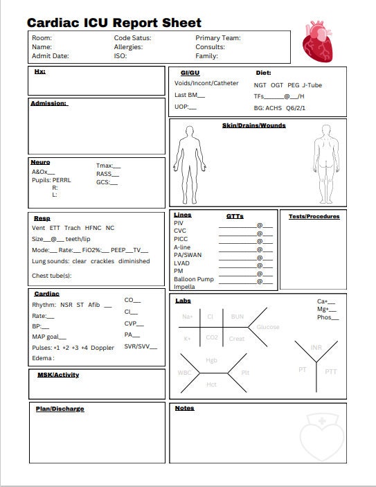 RN Cardiac ICU Report Sheet, Structured Report Sheet for Rns in Cardiac ...