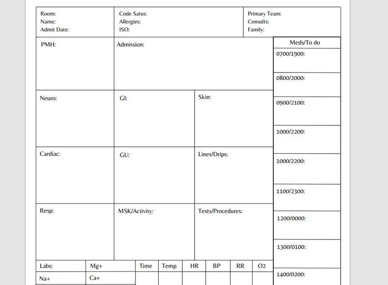 Telemetry/medical Surgical Report Sheet for Nurses Nursing Report Sheet ...
