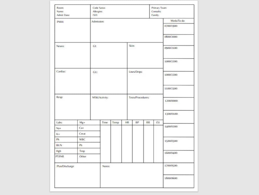 Telemetry/medical Surgical Report Sheet for Nurses Nursing Report Sheet ...